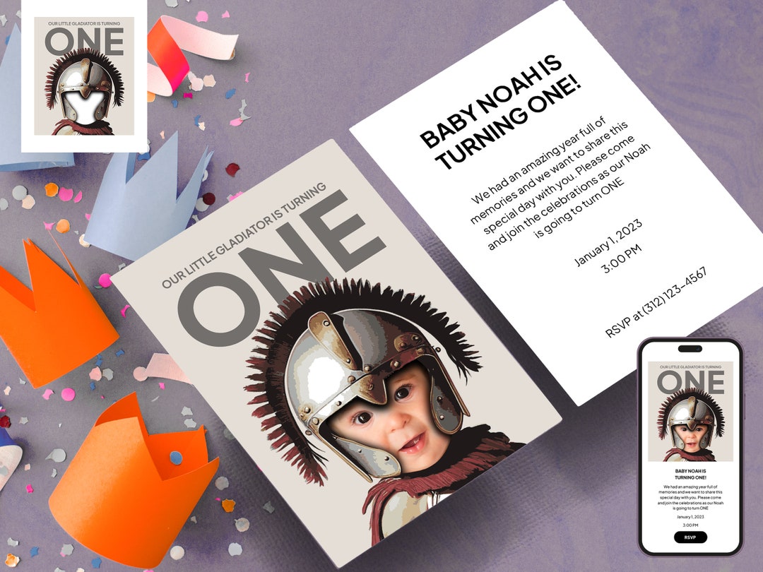 First Birthday Invitation | Baby Gladiator Costume | Editable ...