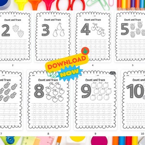 10 Pages Count and Trace NUMBERS 1-10 - Printable Worksheets - Instant ...