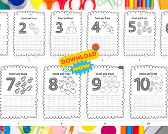 10 Pages Count and Trace NUMBERS 1-10 - Printable Worksheets - Instant ...