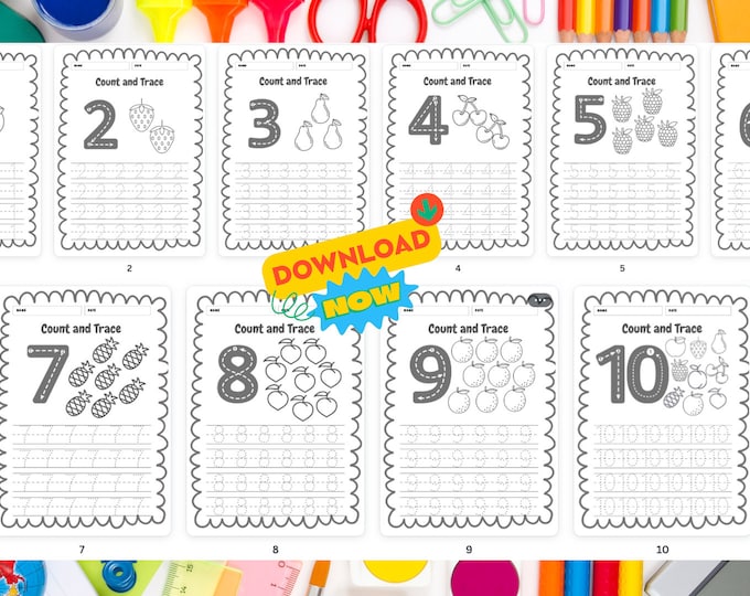 10 Pages Count and Trace NUMBERS 1-10 - Printable Worksheets - Instant ...