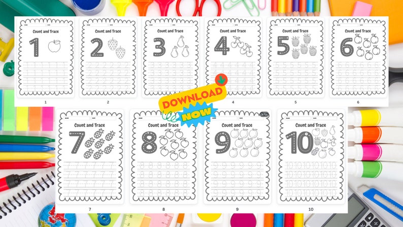 10 Pages Count and Trace NUMBERS 1-10 - Printable Worksheets - Instant ...