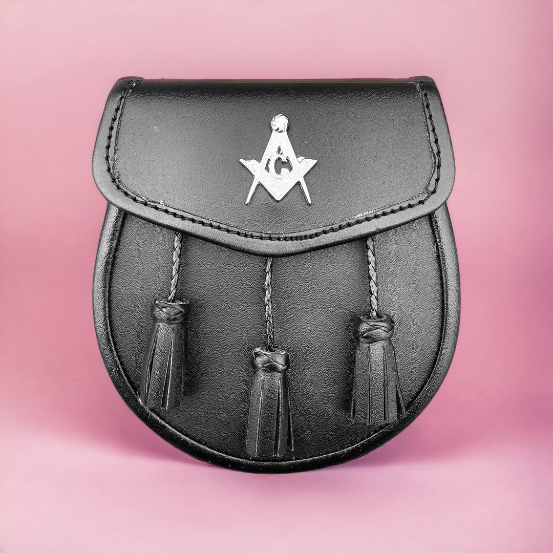 Scottish Great Masonic Buckle | Real Black Leather Sporran | 3 Tassel ...