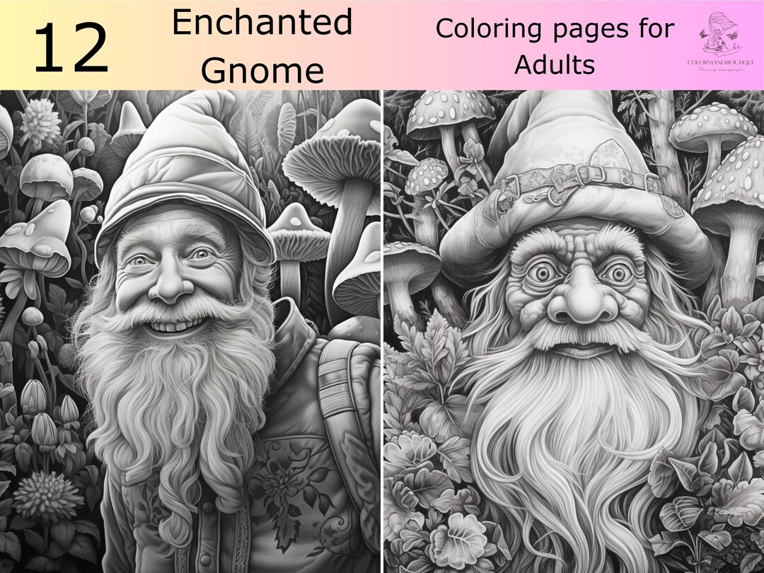 12 Greyscale Enchanted Gnomes Printable Coloring Book, Printable Adult ...