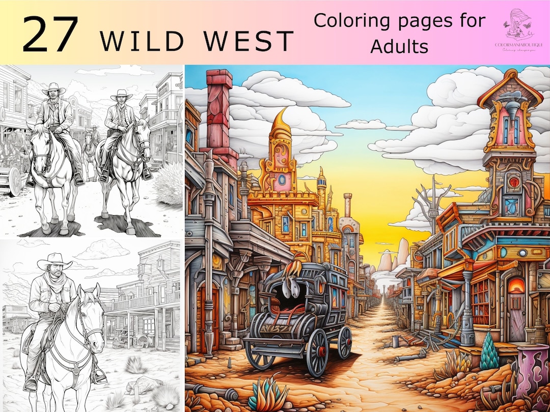 27 Greyscale Wild West, Wild West Coloring Book, Printable Adult ...