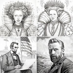 53 HISTORICAL FIGURES Coloring Page Variety Pack, Grayscale Designs for ...