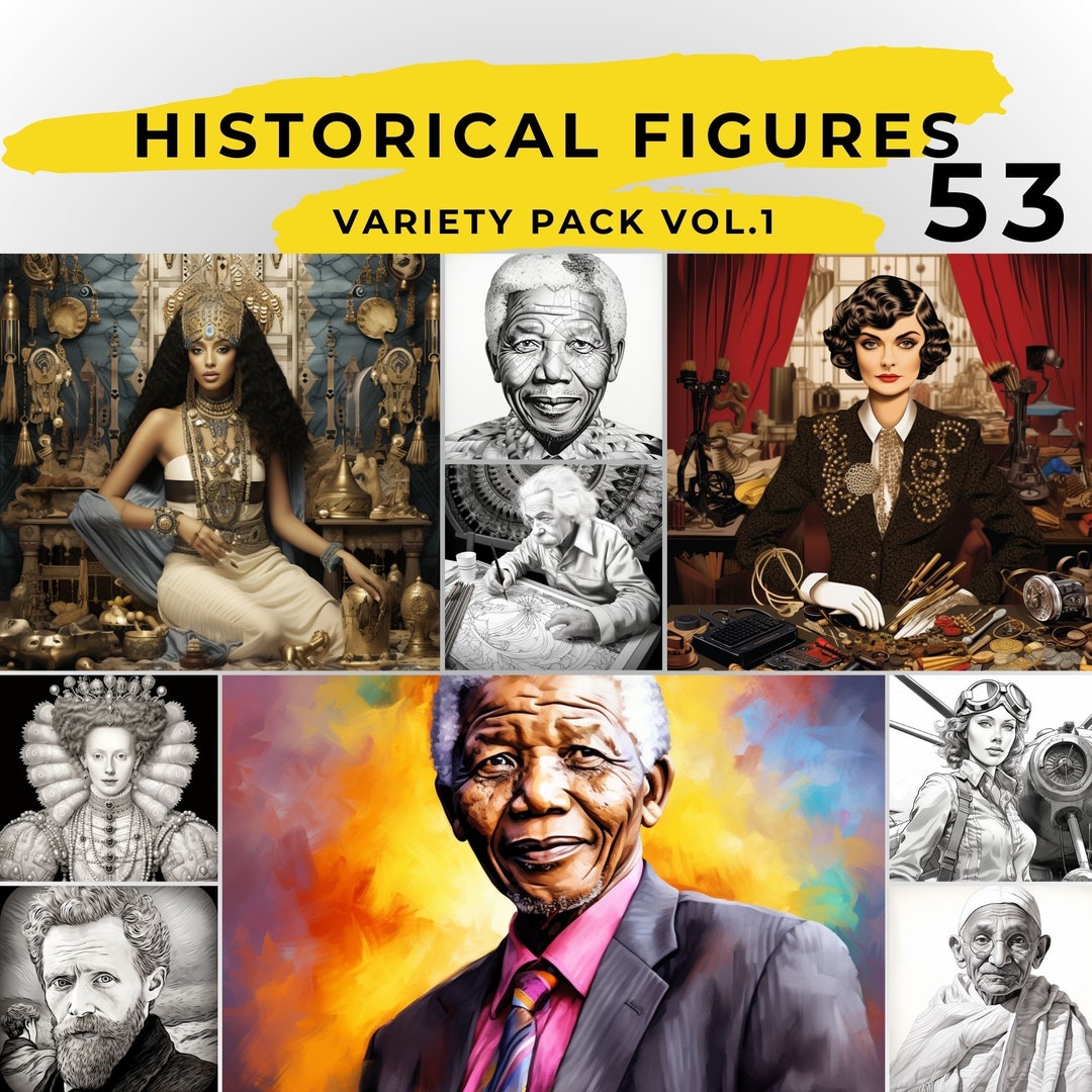 53 HISTORICAL FIGURES Coloring Page Variety Pack, Grayscale Designs for ...