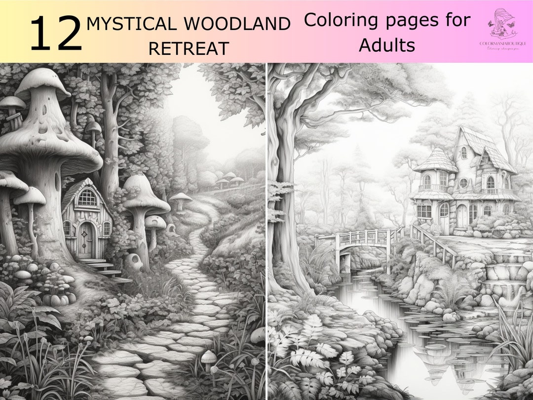 12 Greyscale Mystical Woodland Retreat Coloring Book,printable Adult ...