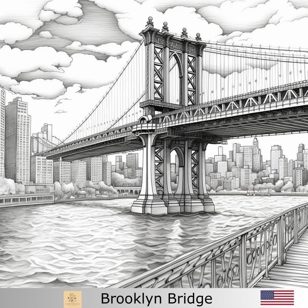 1 Greyscale Brooklyn Bridge US Printable Coloring Page, Printable Adult ...