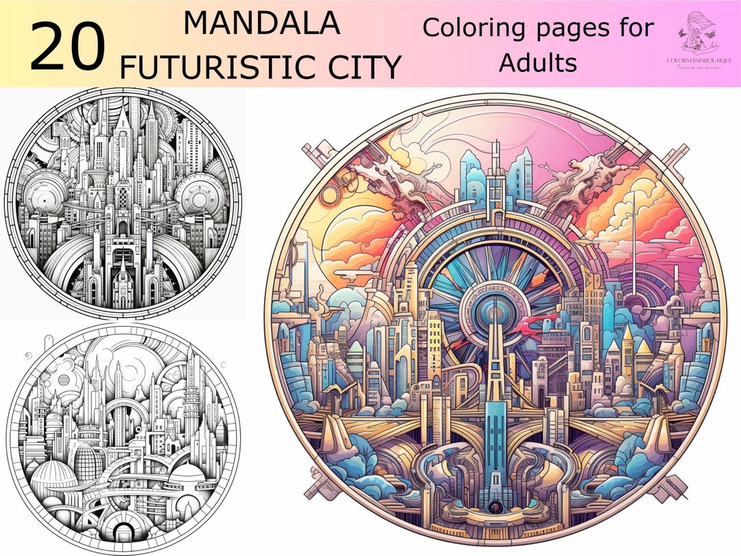 20 Greyscale Mandala Futuristic City Printable Coloring Book, Printable ...