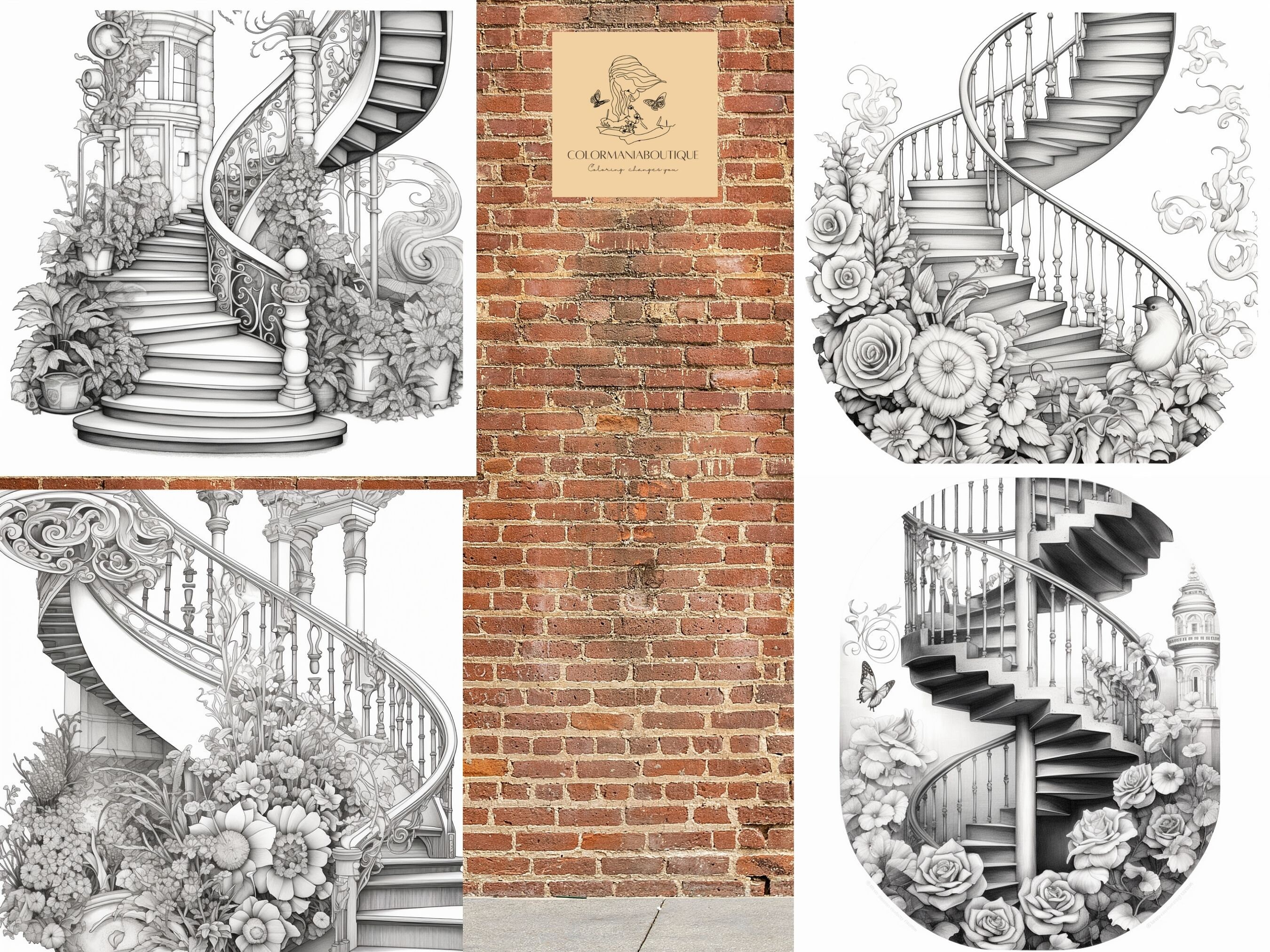 12 Greyscale Spiral Staircase Printable Coloring - Etsy