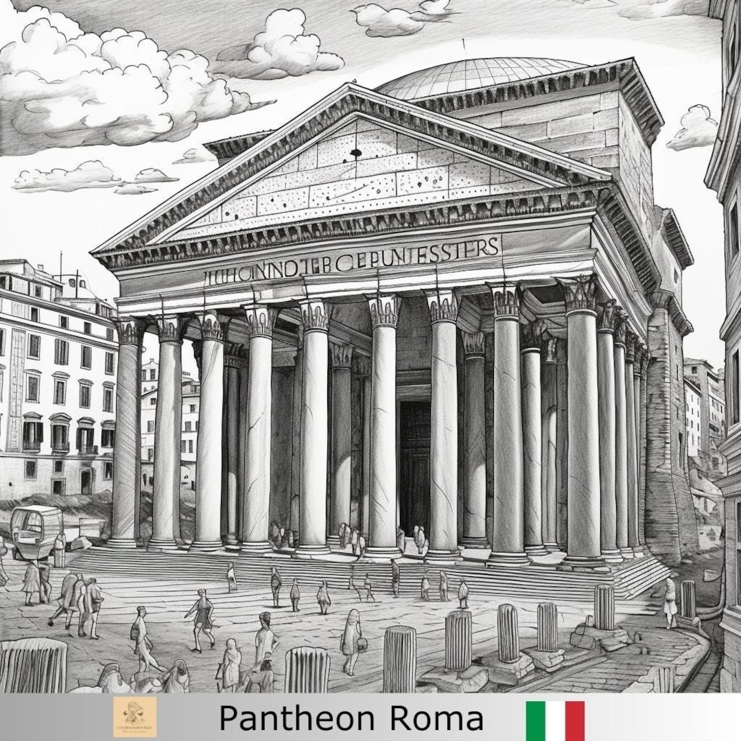 1 page de coloriage imprimable Greyscale Pantheon ROME, page de ...