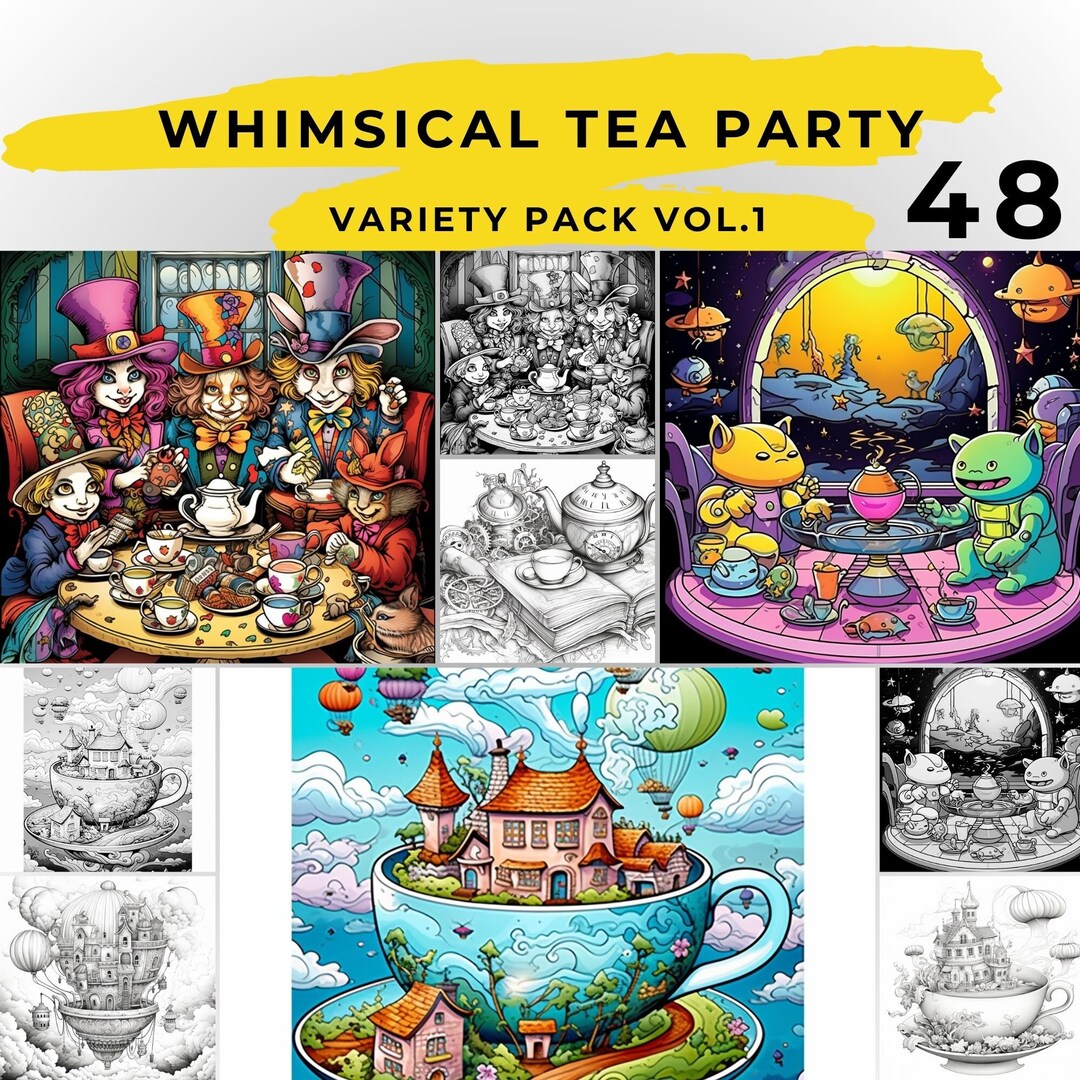 48 WHIMSICAL TEA PARTY Coloring Page Variety Pack,grayscale Designs for ...