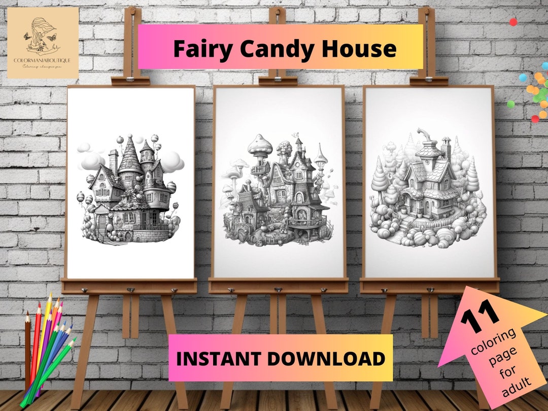 11 Greyscale Fairy Candy House Printable Coloring Book, Printable Adult ...