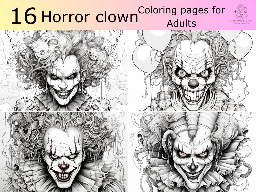 16 Greyscale Horrors Clown Printable Coloring Book, Printable Adult ...