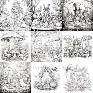 48 WHIMSICAL TEA PARTY Coloring Page Variety Pack,grayscale Designs for ...