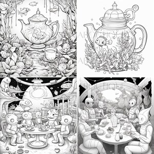 48 WHIMSICAL TEA PARTY Coloring Page Variety Pack,grayscale Designs for ...
