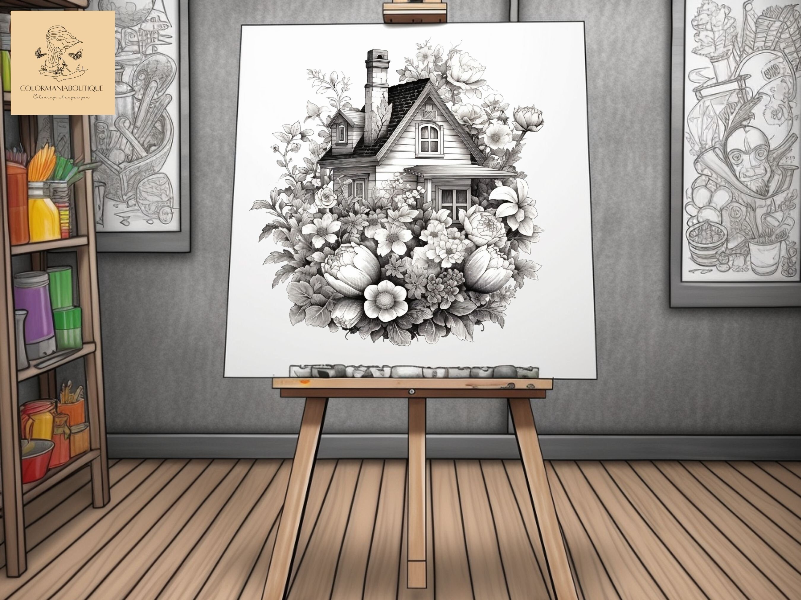 12 Greyscale Floral House Printable Coloring Book Printable - Etsy