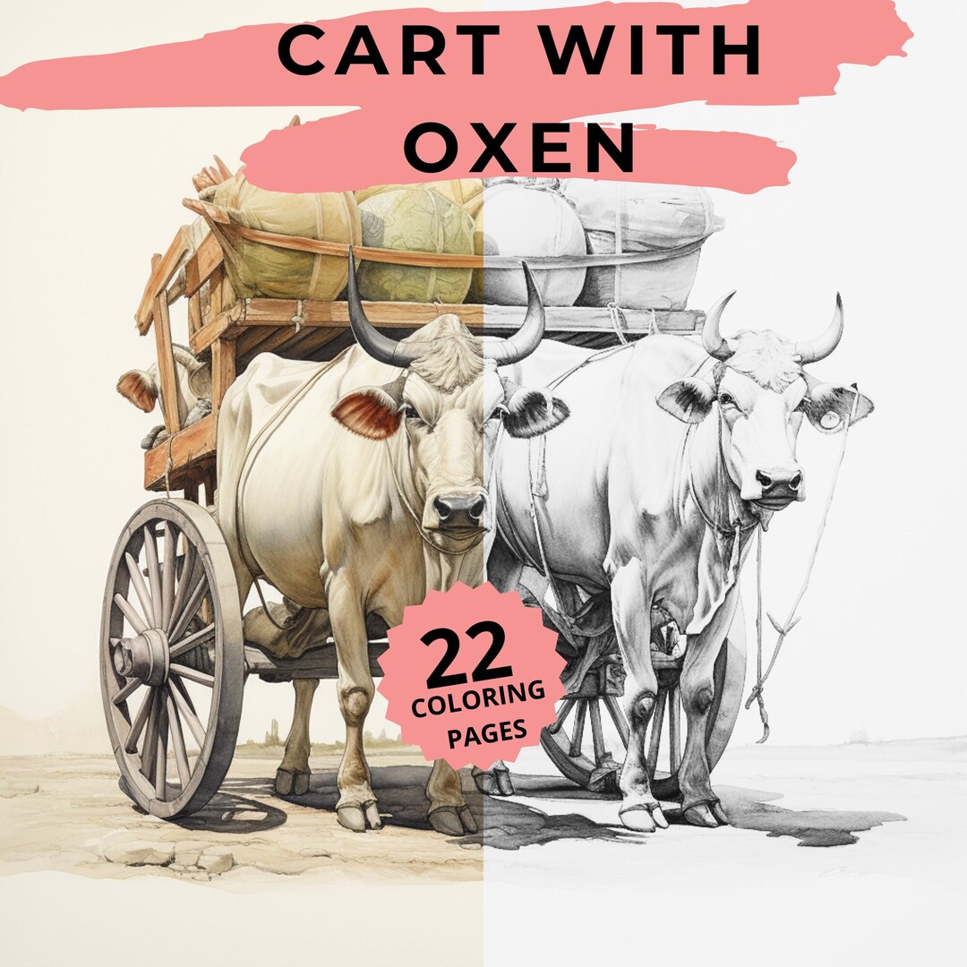22 Greyscale Country Farm, Cart With Oxen Coloring Book, Printable ...