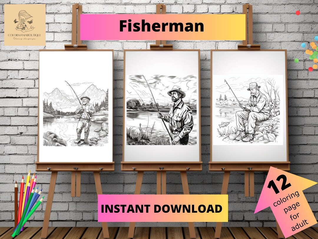 12 Greyscale Fisherman Printable Coloring Book, Printable Adult ...