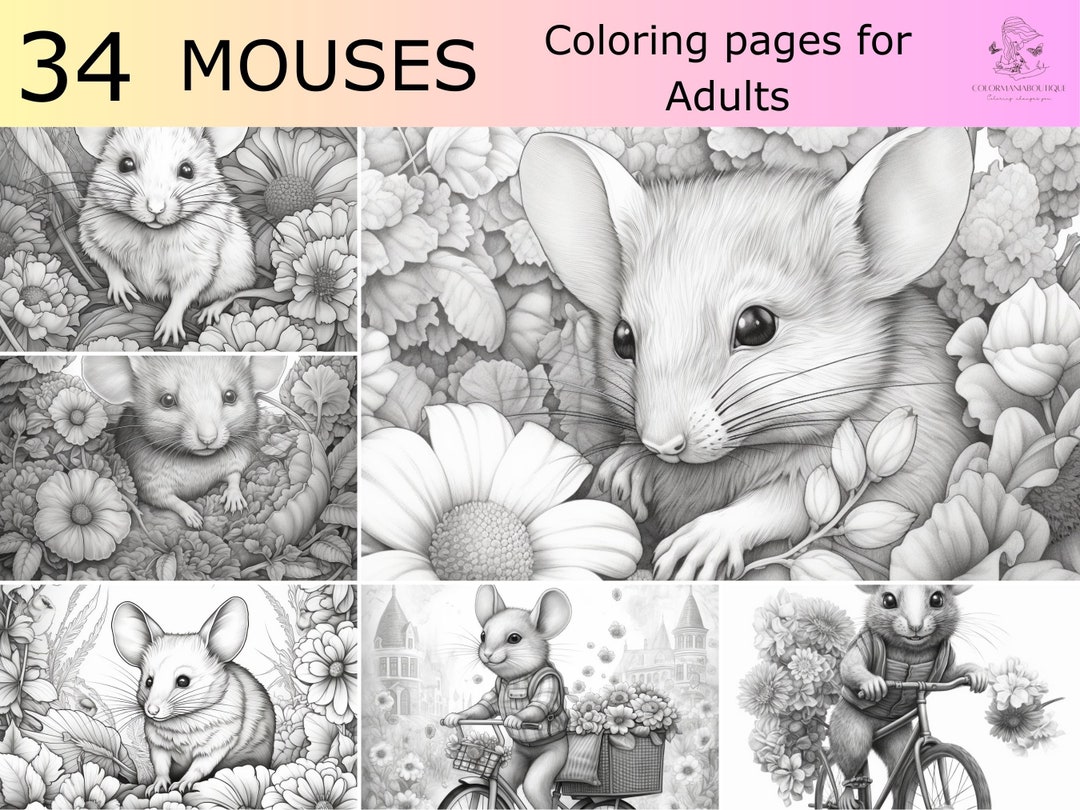 34 Greyscale Funny Mouse Printable Coloring Book, Printable Adult ...