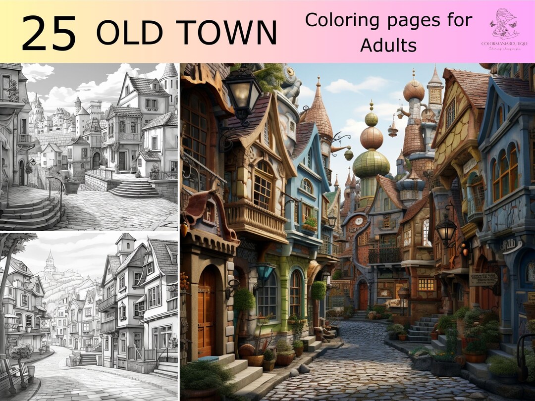 25 Greyscale Old Town Printable Coloring Book, Printable Adult Coloring ...