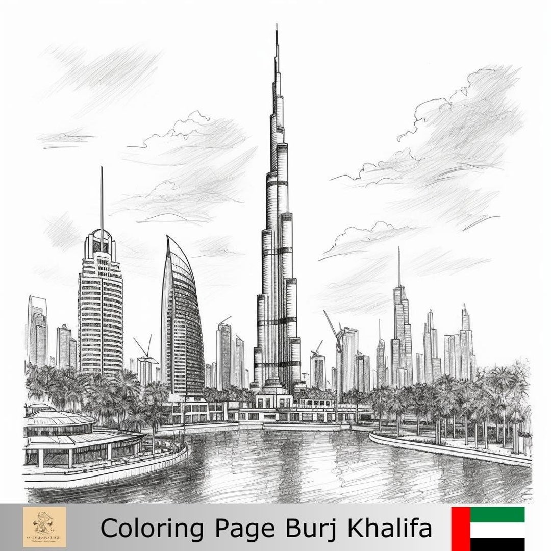1 Greyscale Burj Khalifa Dubay Printable Coloring Page, Printable Adult ...