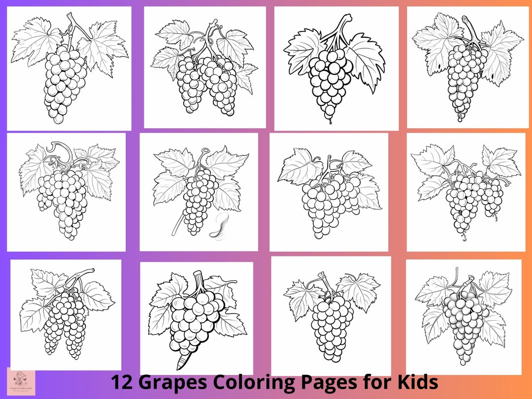 12 Grapes Coloring Book, Fruits Printable Kids Coloring Pages, Food ...