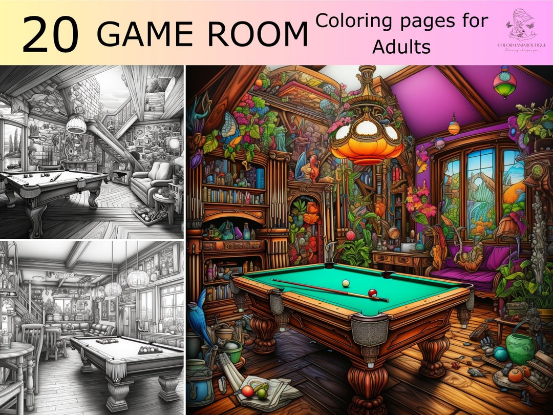 20 Greyscale Game Room, Game Room Interior Coloring Book, Printable ...