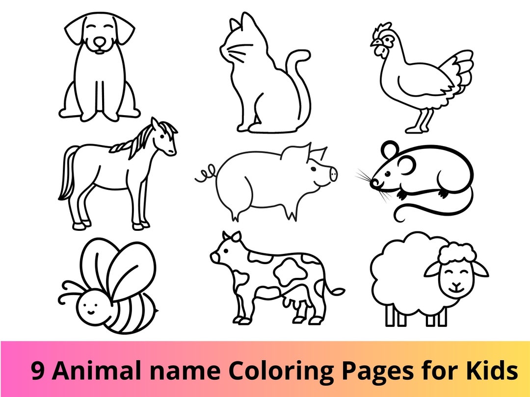 9 Animals Name Coloring Book, Pets Animal Printable Kids Coloring Pages ...