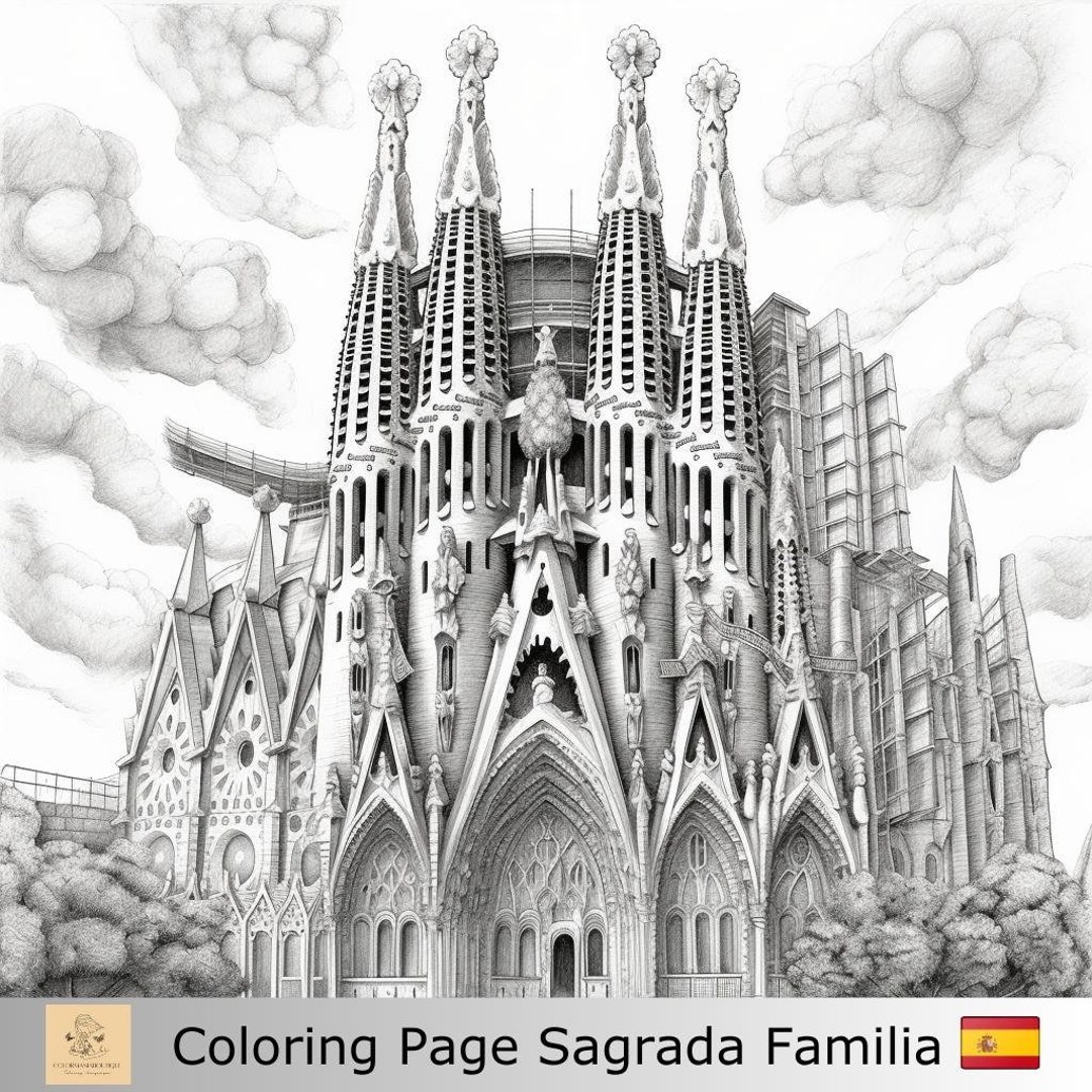 1 Greyscale Sagrada Familia Monument SPAIN Printable Coloring Page ...