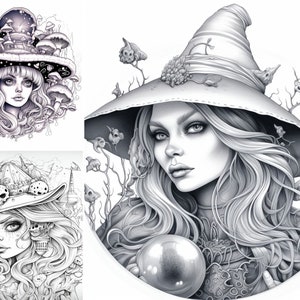21 Greyscale Witch Nanopunk, Coloring Book, Printable Adult Coloring ...