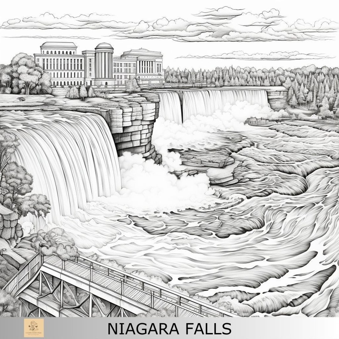 1 Greyscale Niagara Waterfalls US Printable Coloring Page, Printable ...