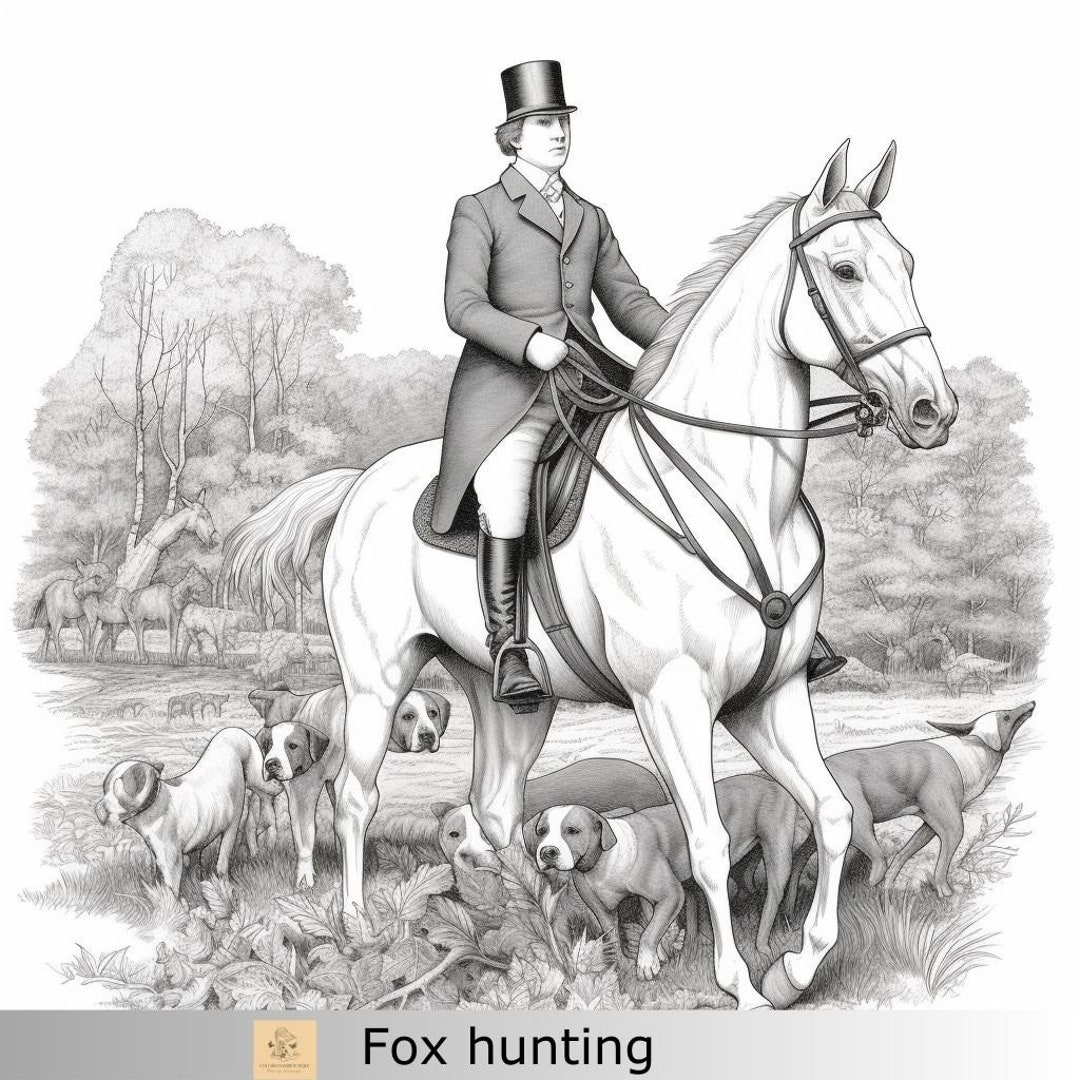 1 Greyscale Fox Hunting Printable Coloring Page, Printable Adult ...