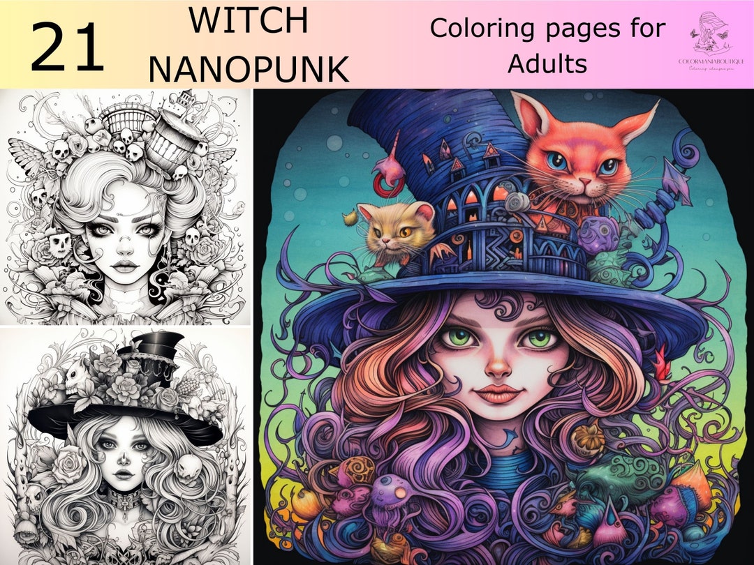 21 Greyscale Witch Nanopunk, Coloring Book, Printable Adult Coloring ...