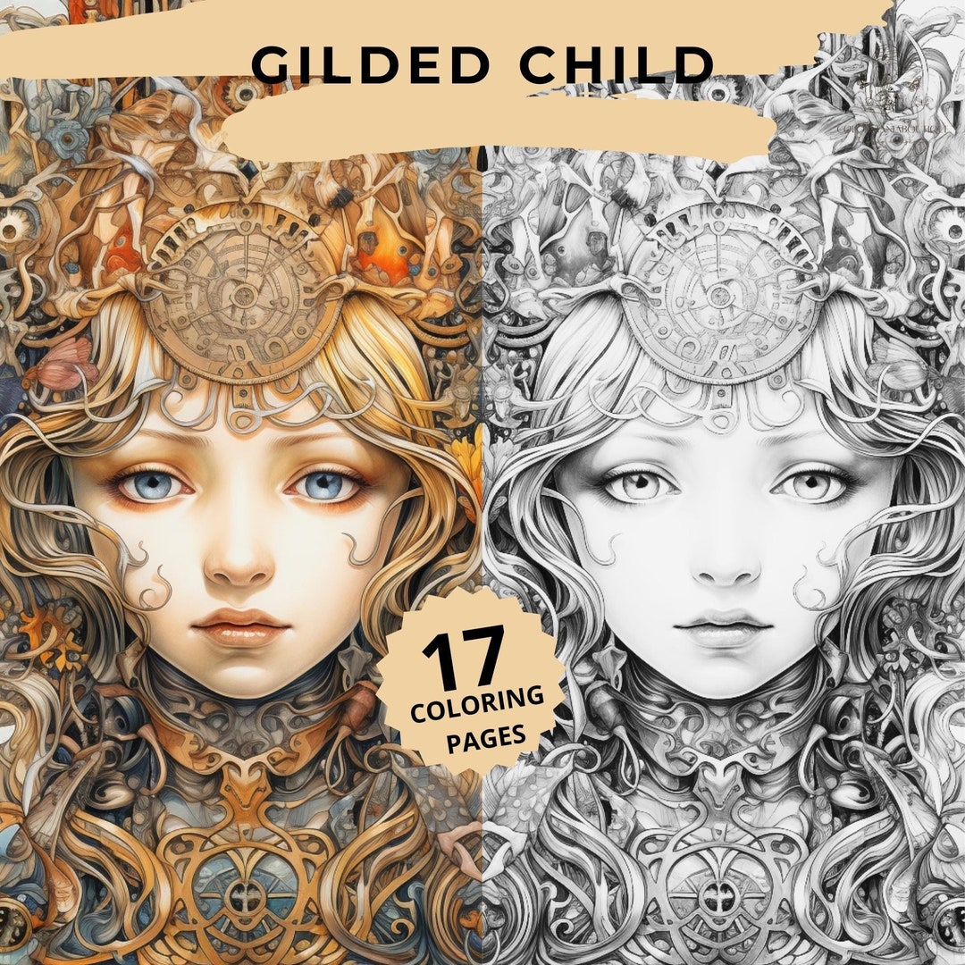 17 Grayscale Gilded Child Coloring Page, Intricate Adult Relaxation Art ...