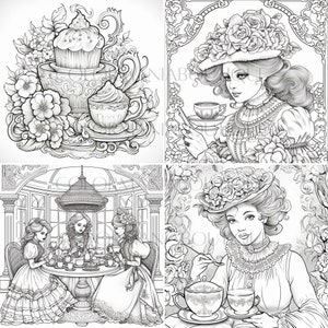 48 WHIMSICAL TEA PARTY Coloring Page Variety Pack,grayscale Designs for ...