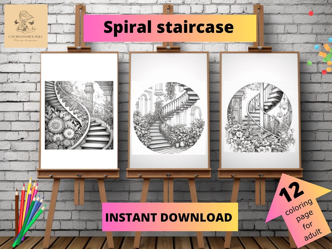 12 Greyscale Spiral Staircase Printable Coloring Book,printable Adult ...