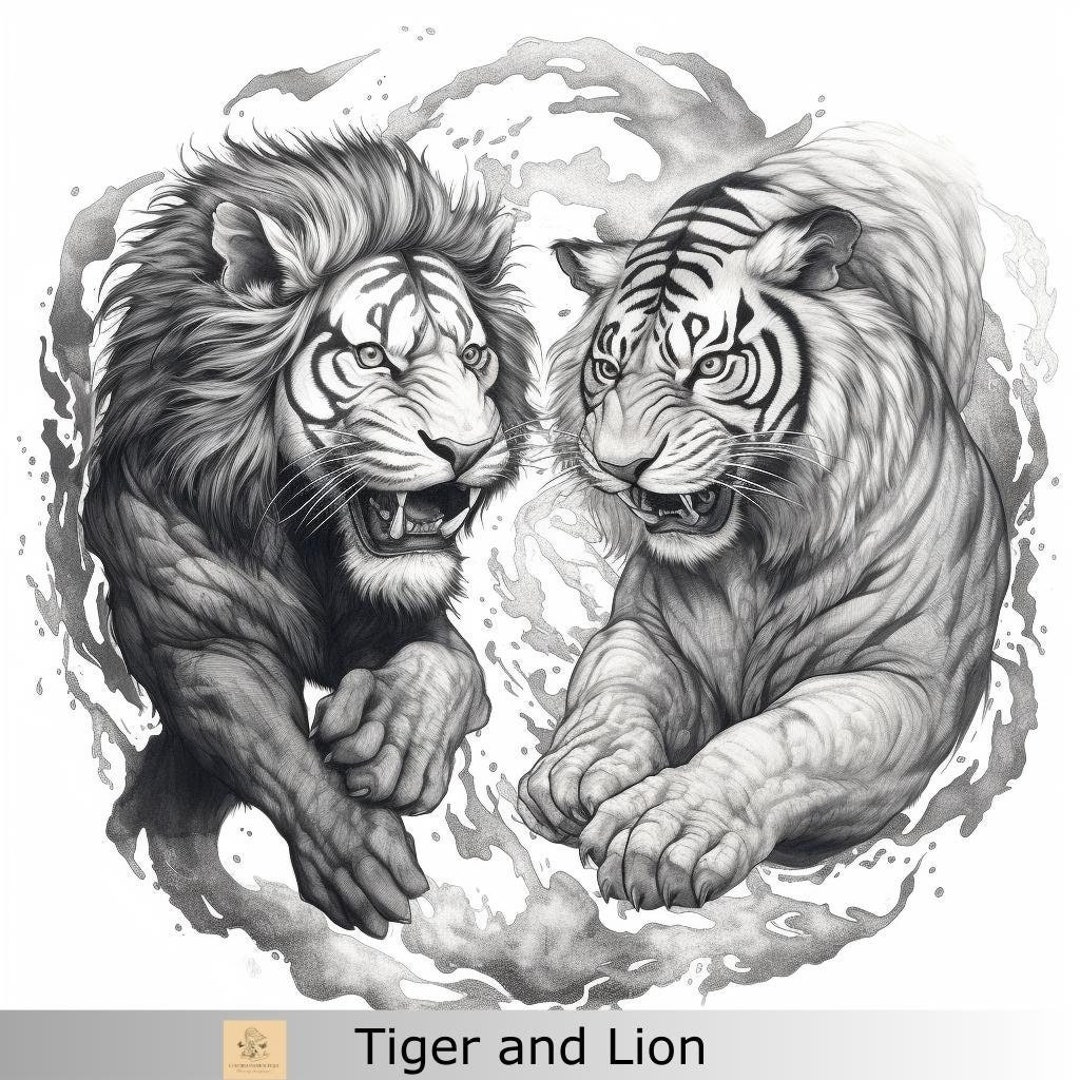 1 Greyscale Tiger and Lion Printable Coloring Page, Printable Adult ...