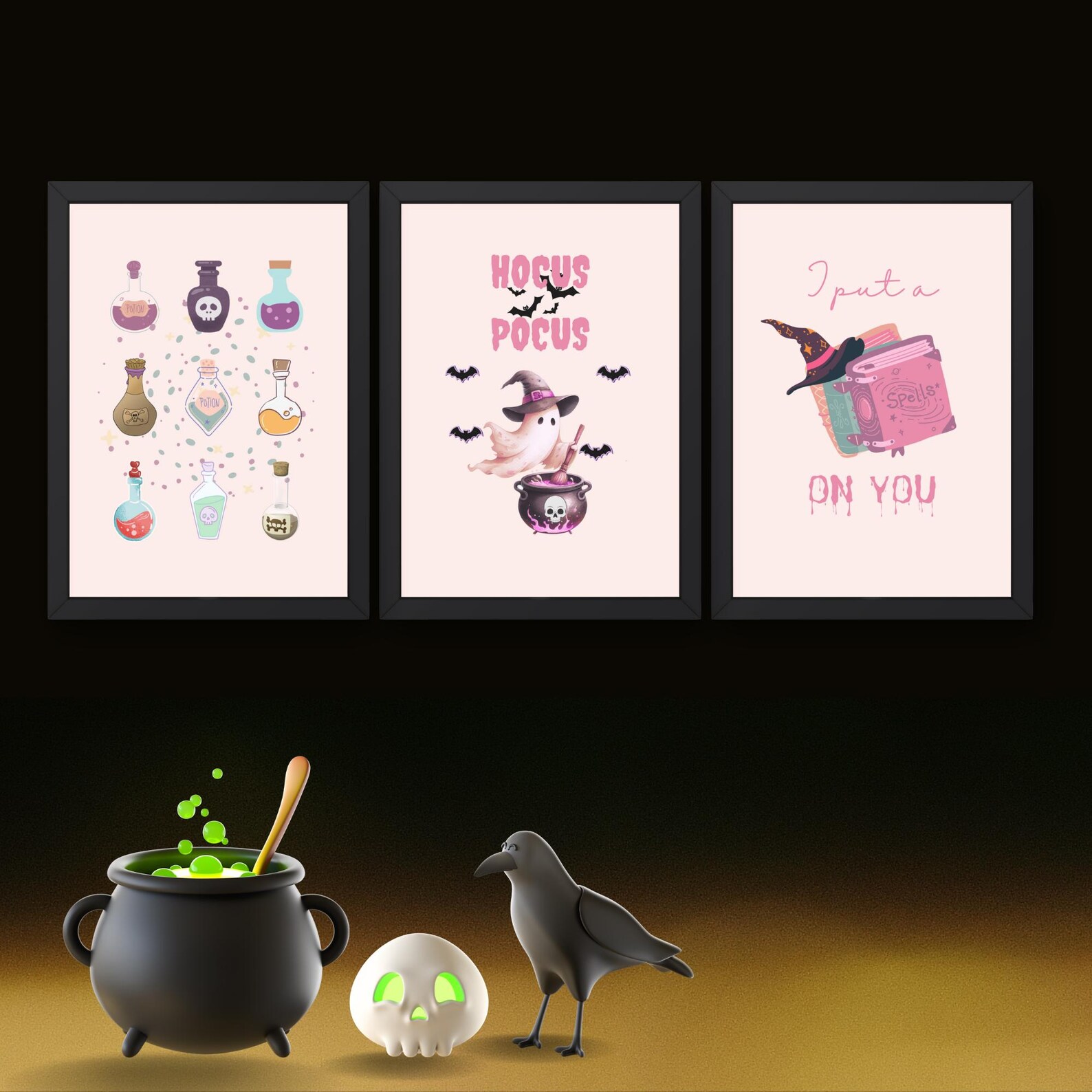 Pastel Halloween Decor. Pink Wall Art Bundle. Cute Digital Prints ...