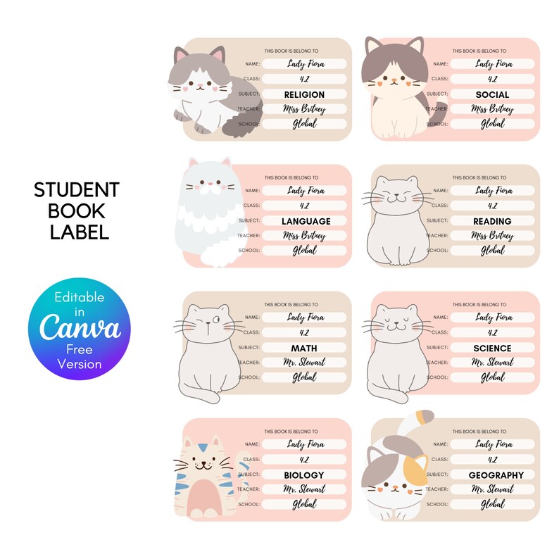 Cat Pastel Pink School Supply Labels, Name Labels for School Supplies ...