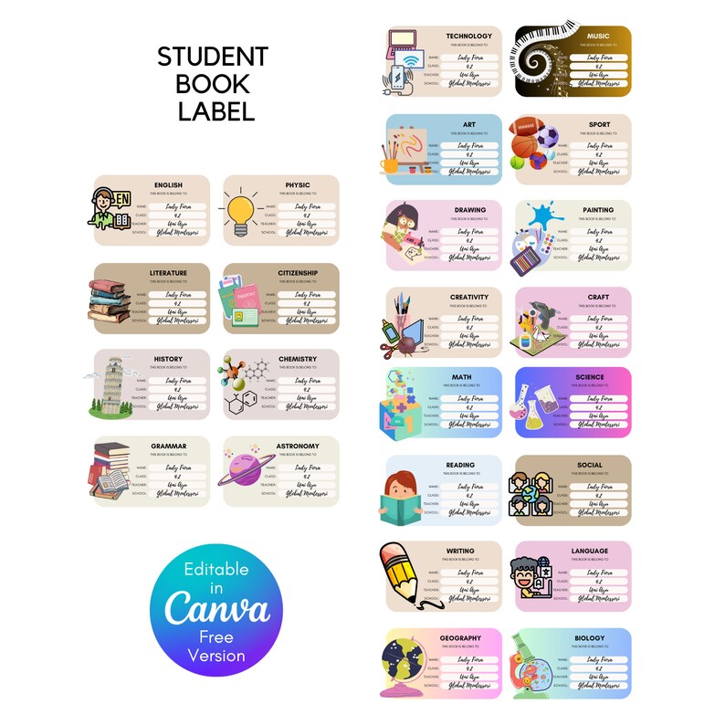 Student Book Label Sticker With Images Representing Each School ...