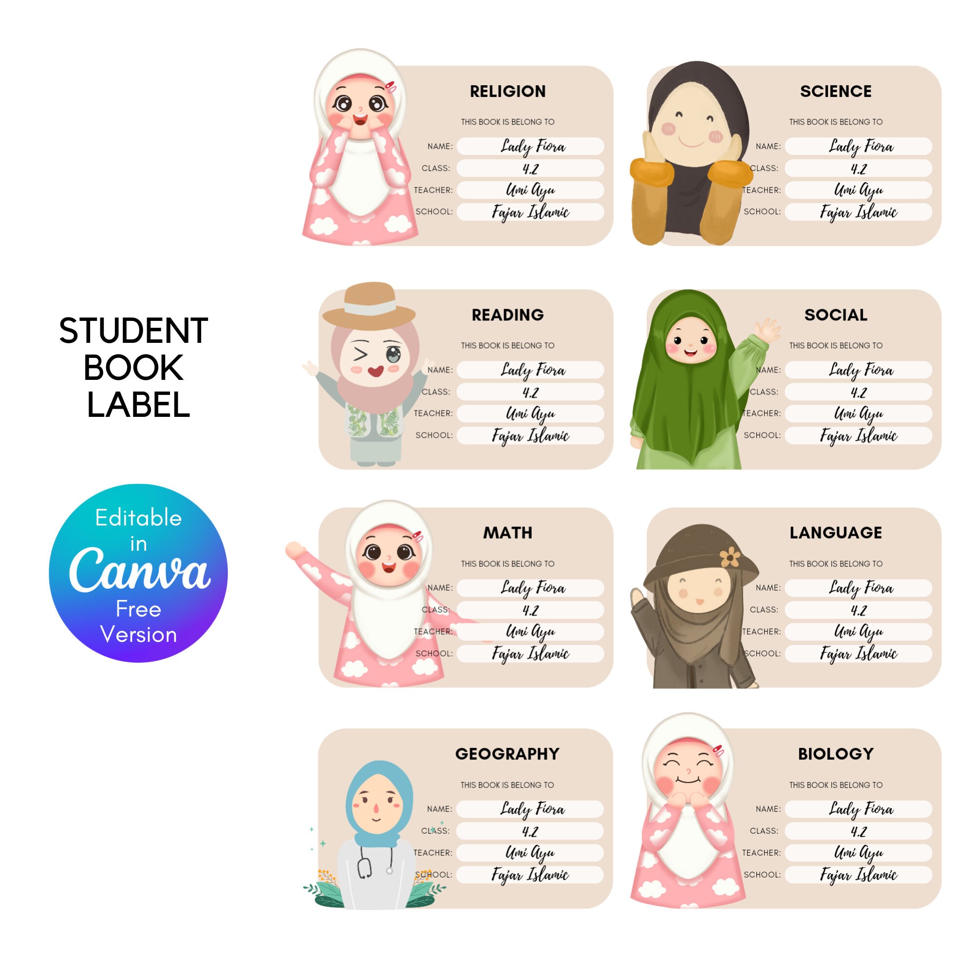Editable Student Book Label - Muslim Girl - Etsy