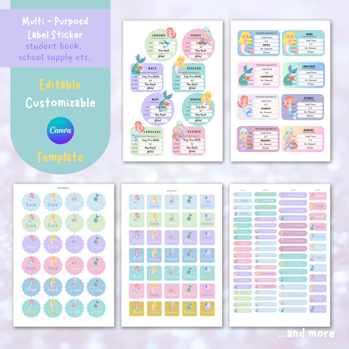 Mermaid Student Book Labels, Pastel Pink Name Labels for School ...