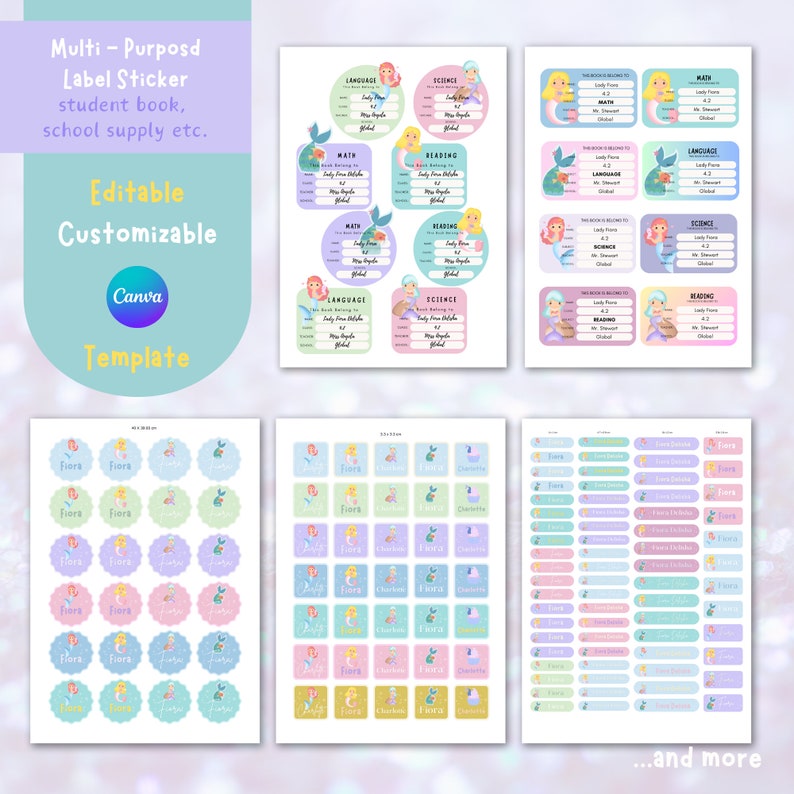 Mermaid Student Book Labels, Pastel Pink Name Labels for School ...