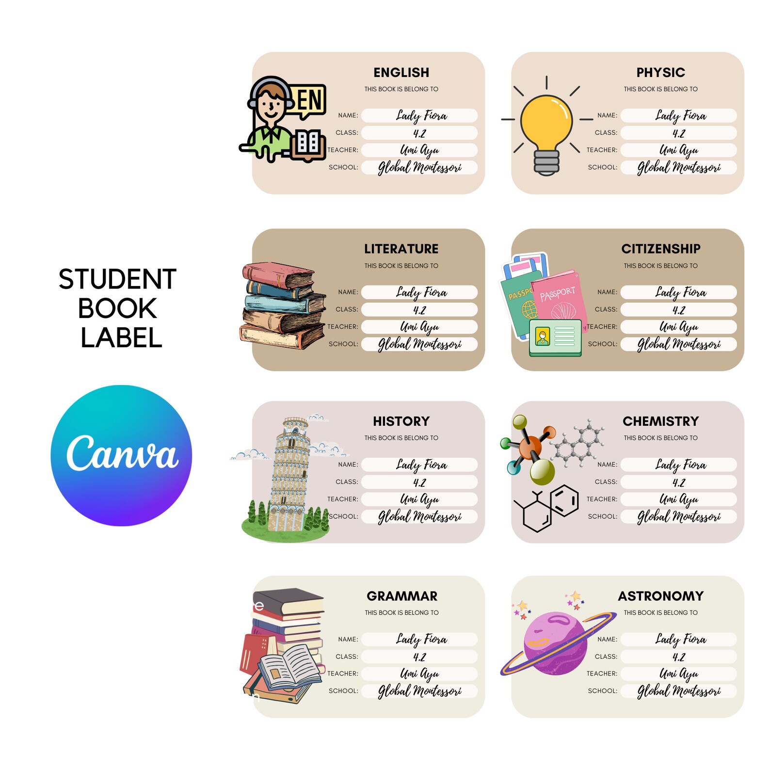 Student Book Label Sticker With Images Representing Each School ...