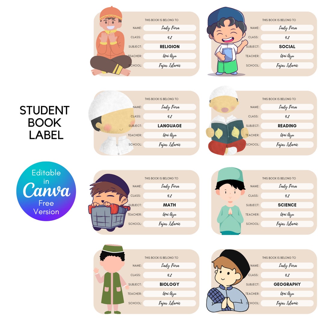 Student Book Label Sticker. Islam Kids Series. School Supplies Editable ...