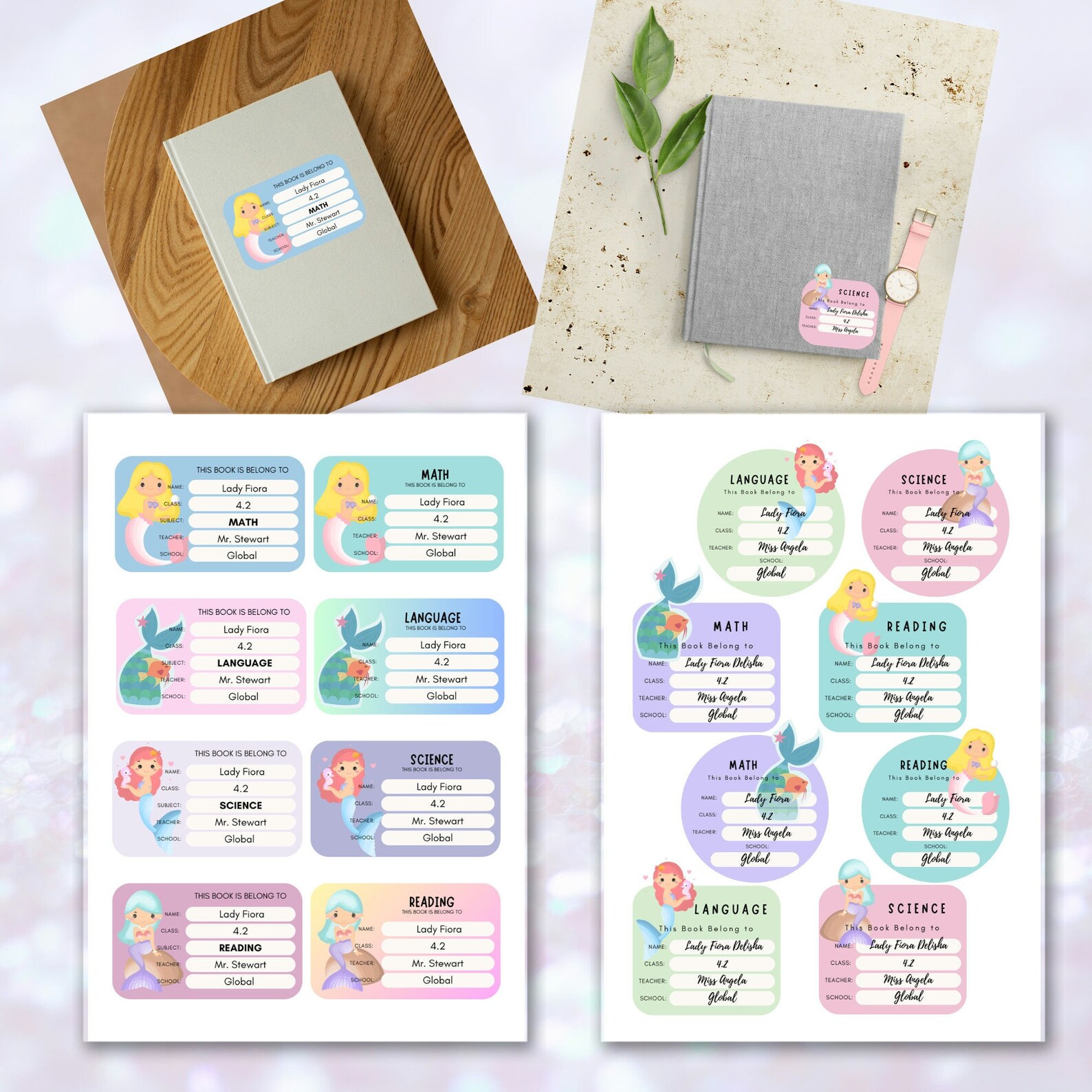 Mermaid Student Book Labels, Pastel Pink Name Labels for School ...