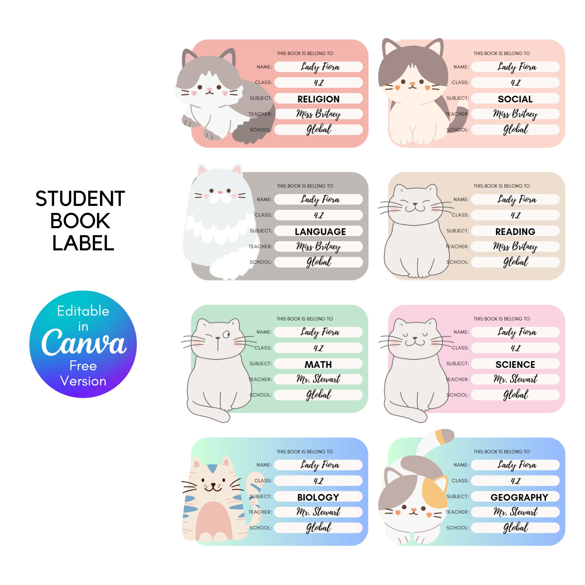 Cat Pastel Pink School Supply Labels, Name Labels for School Supplies ...