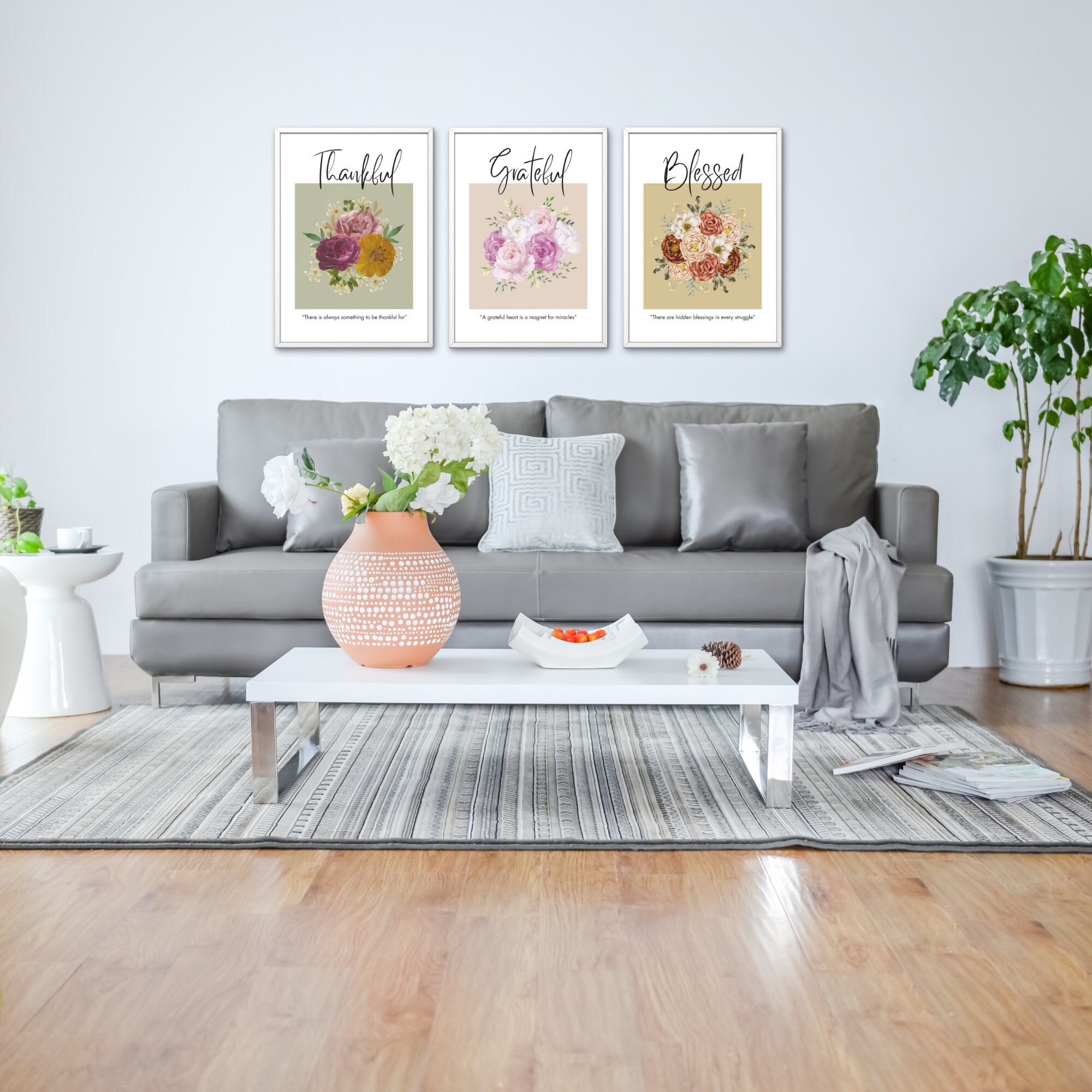 Thankful Grateful Blessed - Floral Wall Art Set | Printable ...