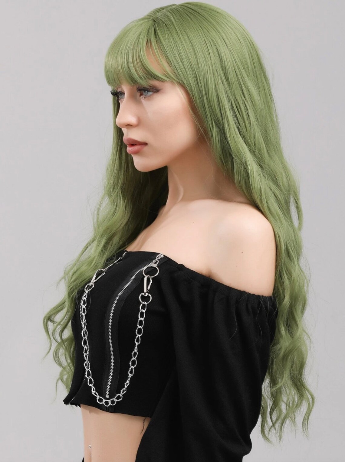 Long Curly Green Wig,halloween Wig,green Hair,wig With Bangs, Cosplay ...